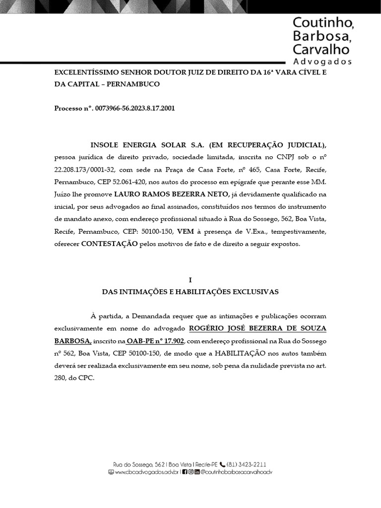 Contestação - Lauro Ramos Bezerra Neto X Insole | PDF