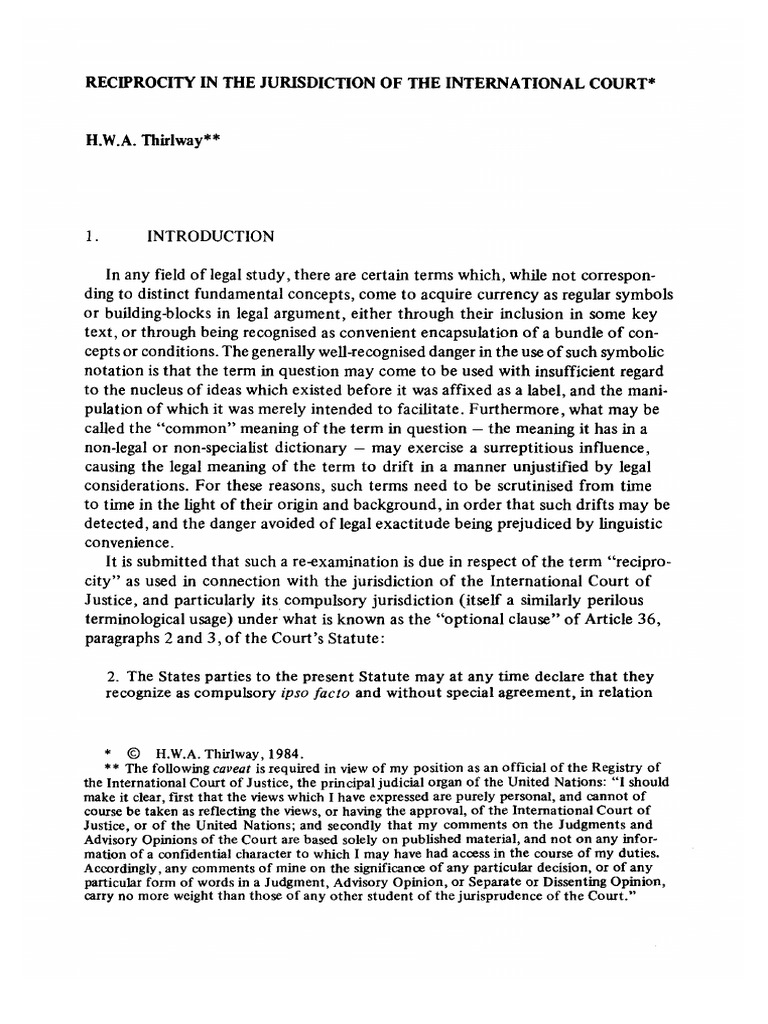 Reciprocity in The Jurisdiction of The International Court | PDF