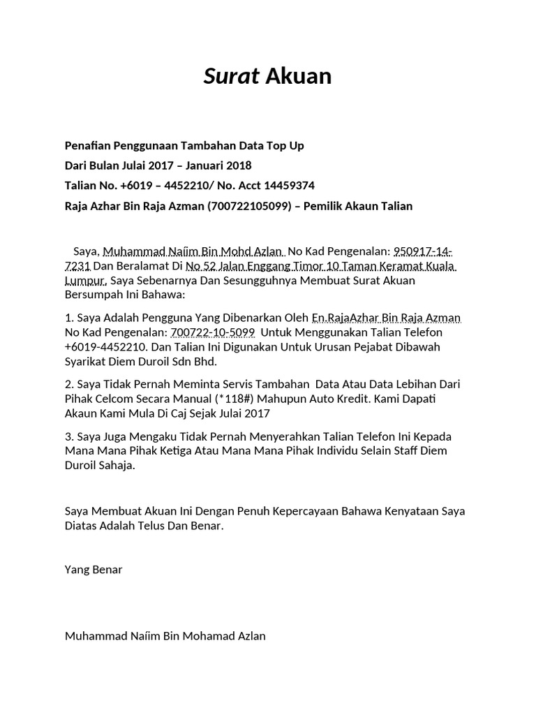 Surat Akuan Celcom Line New Format | PDF