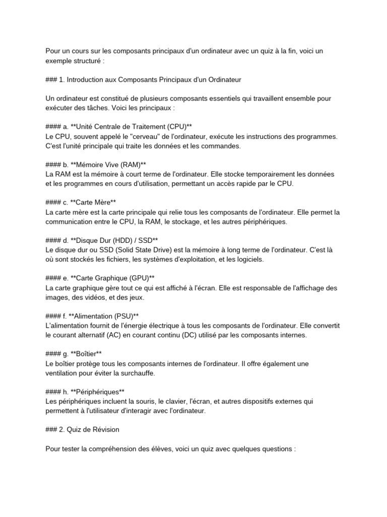 Les Composants Principaux D'un Ordinateur | PDF