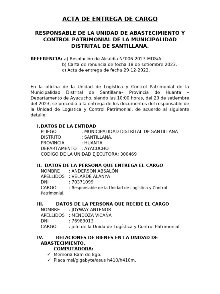 ACTA DE ENTREGA DE ACERVO DOCUMENTARIO-ANDY | PDF