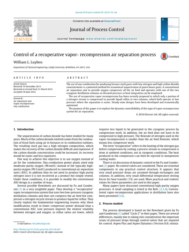 Control of A Recuperative Vapor Recompression Air Separation Process | PDF
