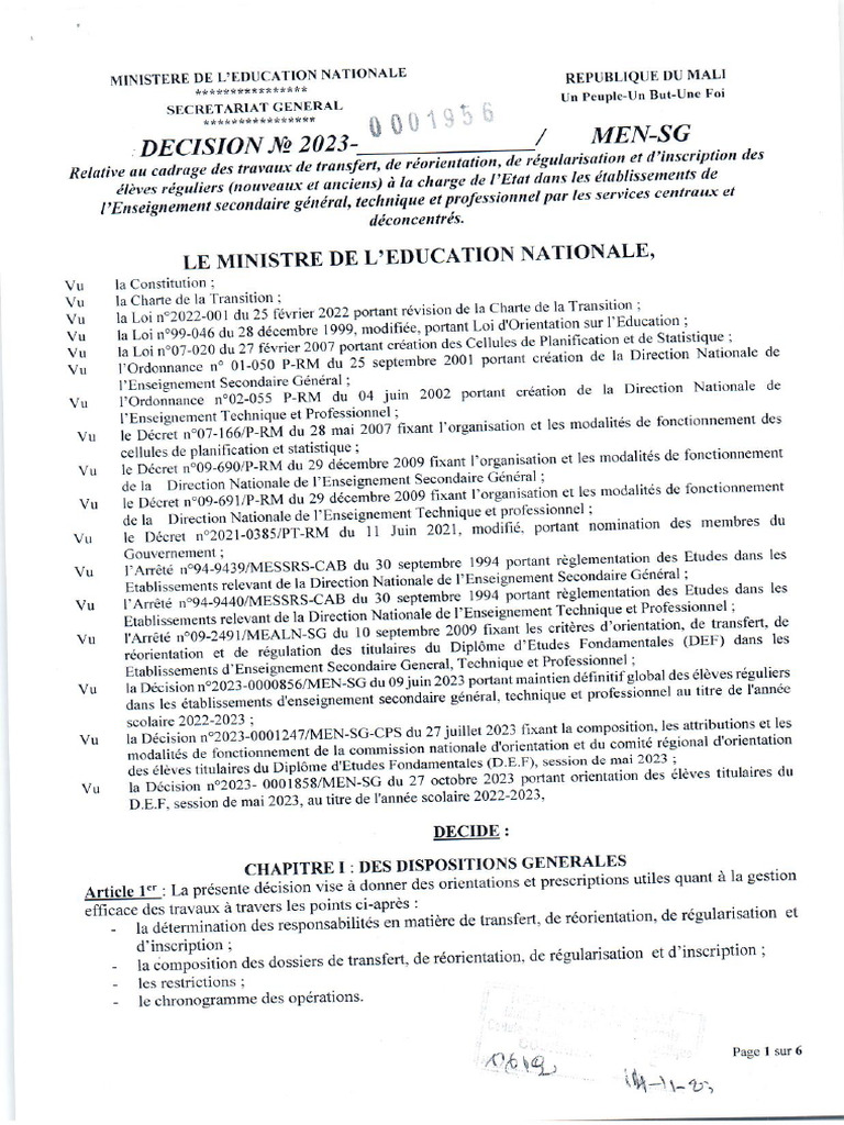 Decision de Cadrage Des Travaux de Transfert, de Reorientation, de ...