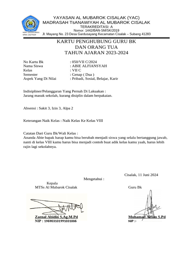 Laporan Perkembngan Siswa Kls 7c Finis | PDF