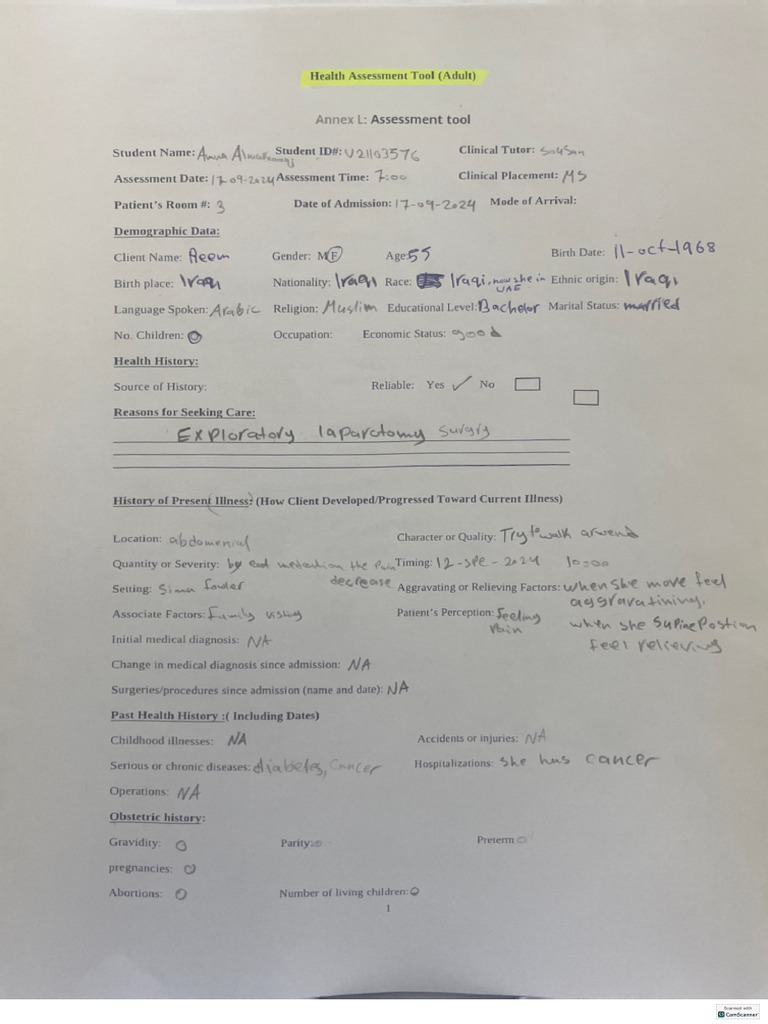 Heath Assessment Tool Adult w1 | PDF