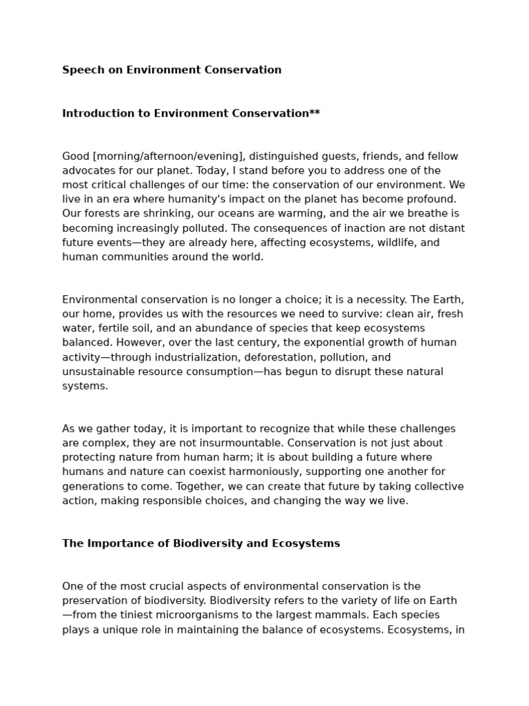 Sample Speech On Environment Conservation | PDF