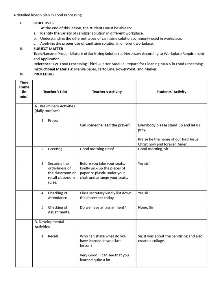 Food Processing Sanitizing Solutions Lesson | PDF | Lesson Plan ...