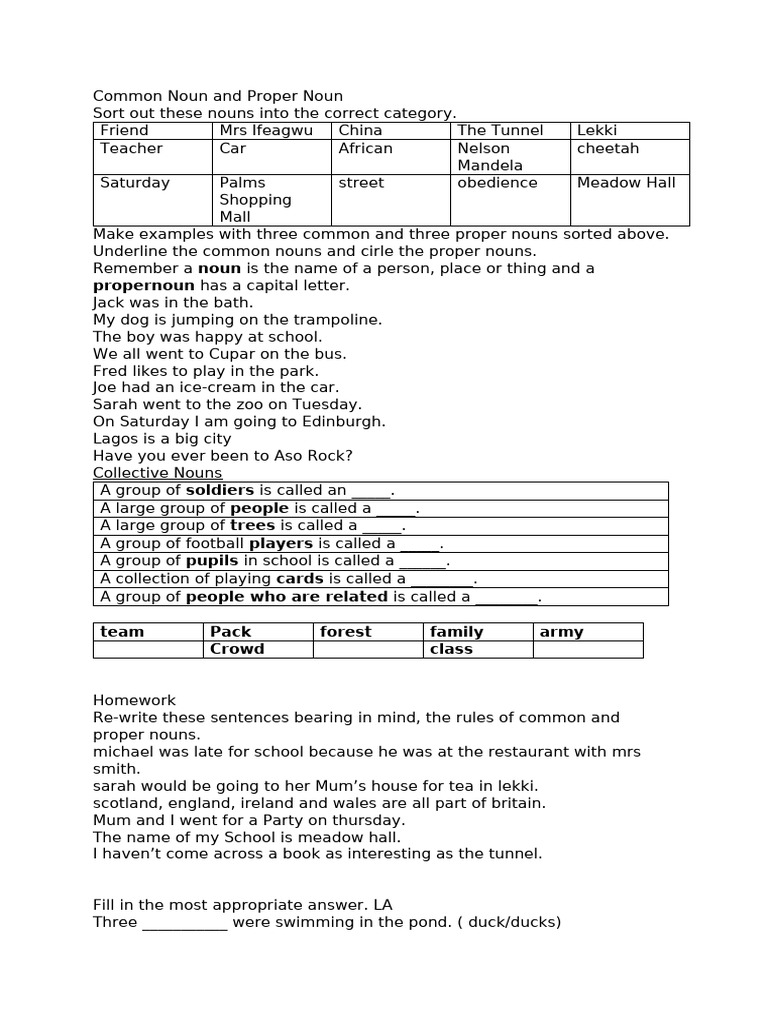 Common Noun and Proper Noun WORKSHEETS WEEK 1-5 | PDF