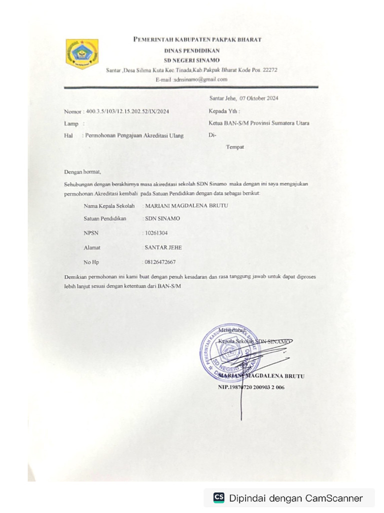 Surat Permohonan Akreditasi SDN Sinamo | PDF