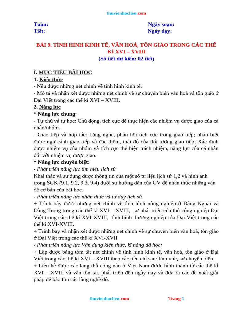 Ga Lich Su 8 KNTT Bai 9 Tinh Hinh Kinh Te Van Hoa Ton Giao Trong Cac The Ki Xvi - Xviii | PDF