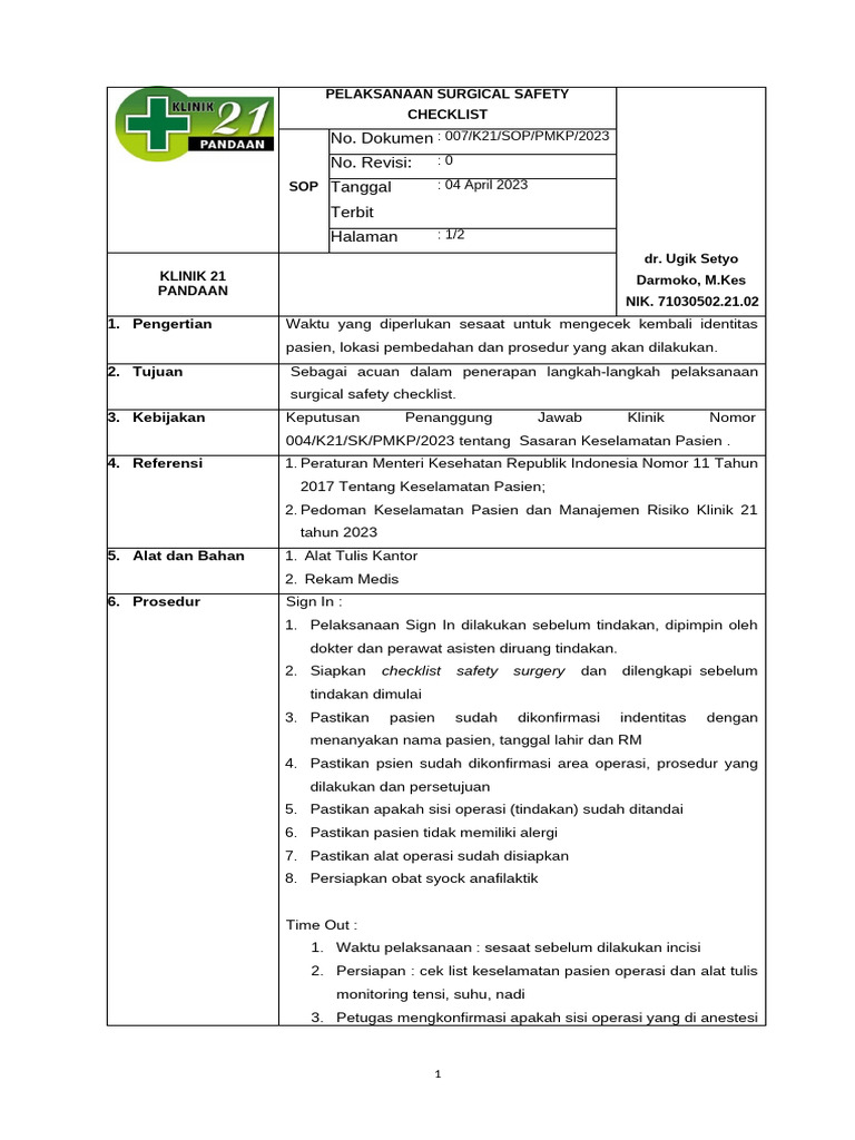 PMKP. 2. 5 SOP Pelaksanaan SURGICAL SAFETY CHECKLIST | PDF
