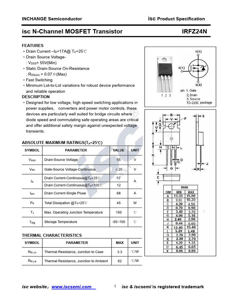 IRFZ24N Inchange Semiconductor | PDF | Field Effect Transistor | Mosfet