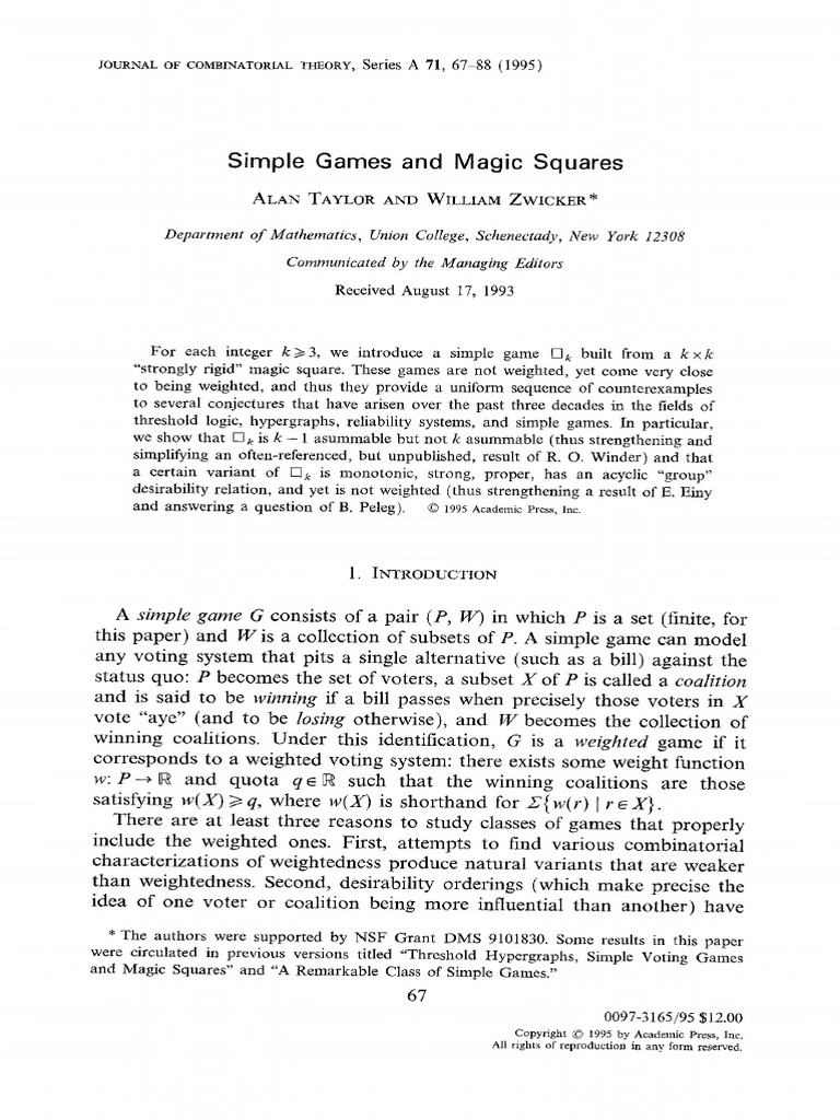 Simple Games and Magic Squares - Alan Taylor and William Zwicker | PDF