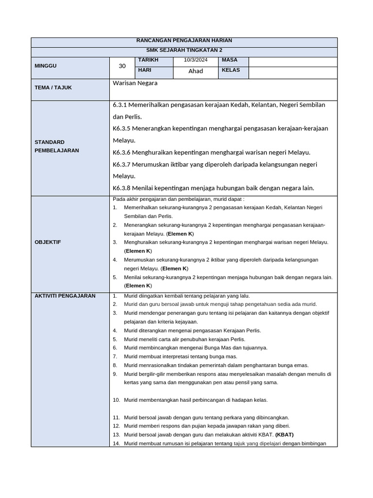RPH Ringkas Minggu 30 SMK Sejarah Tingkatan 2 by Cikgu Gorgeous | PDF