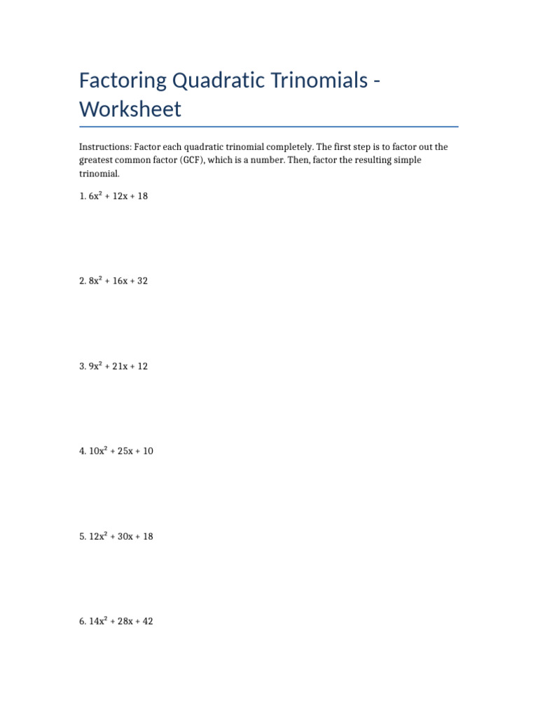 Factoring Quadratic Trinomials Worksheet | PDF