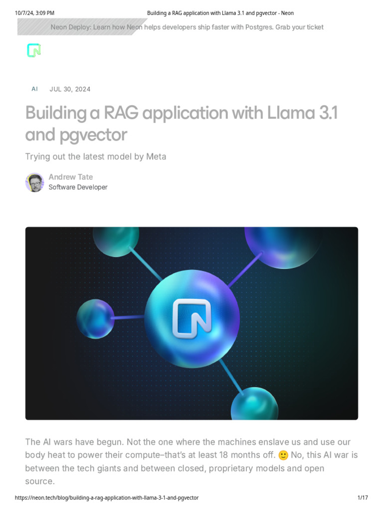 Building A RAG Application With Llama 3.1 and Pgvector - Neon | PDF