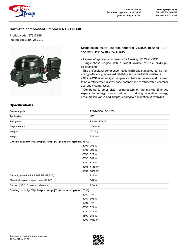 Tehnical Sheet Hermetic Compressor Embraco NT 2178 GK - DTN Group | PDF