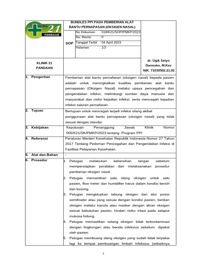 PMKP. 3. 1 SOP Bundles PPI Pada Pemberian Alat Bantu Pernafasan (Oksigen Nasal) | PDF
