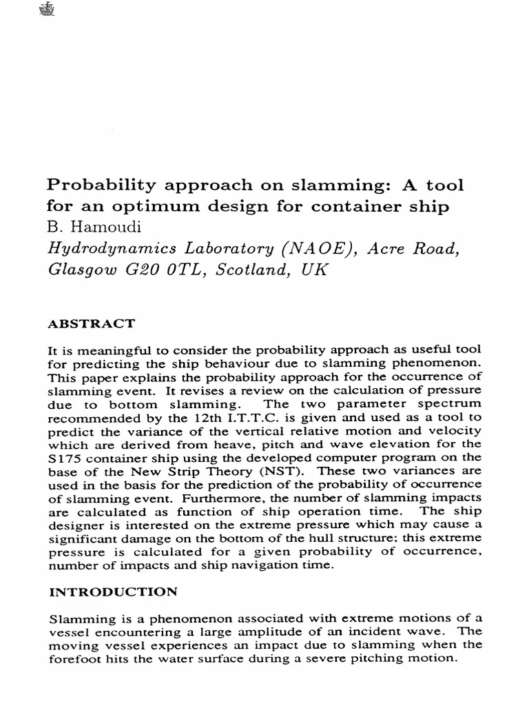 Probability Approach On Slamming A Tool For An Optimum Design For Container Ship | PDF