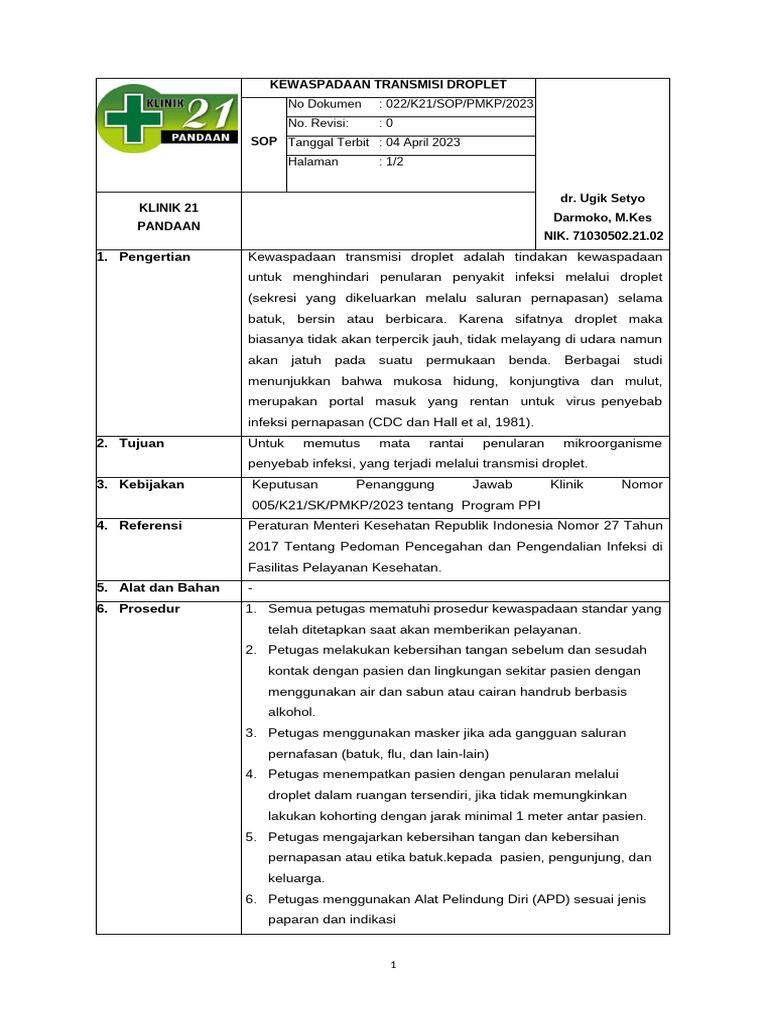 PMKP. 3. 1 SOP Kewaspadaan Transmisi Droplet | PDF