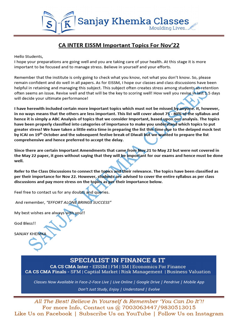 CA Inter EISSM More Important Topics Nov 22 | PDF