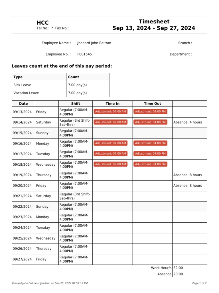 Timesheet Sep 13, 2024 - Sep 27, 2024 | PDF