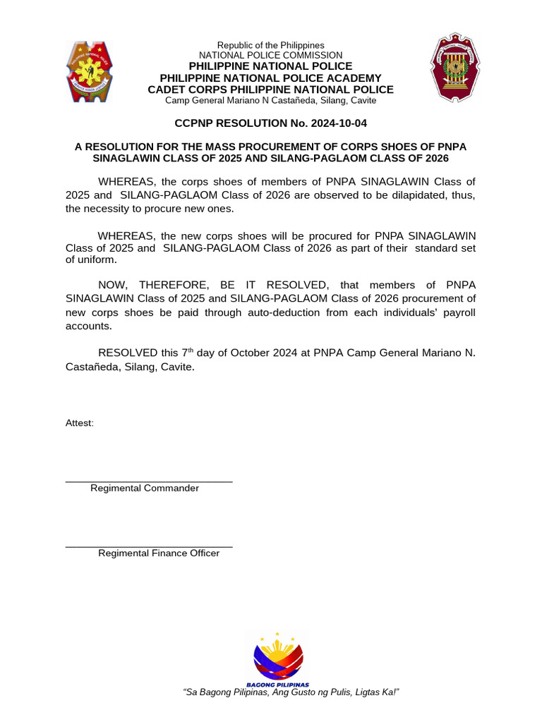 A Resolution For The Mass Procurement of Corps Shoes of Pnpa Sinaglawin ...