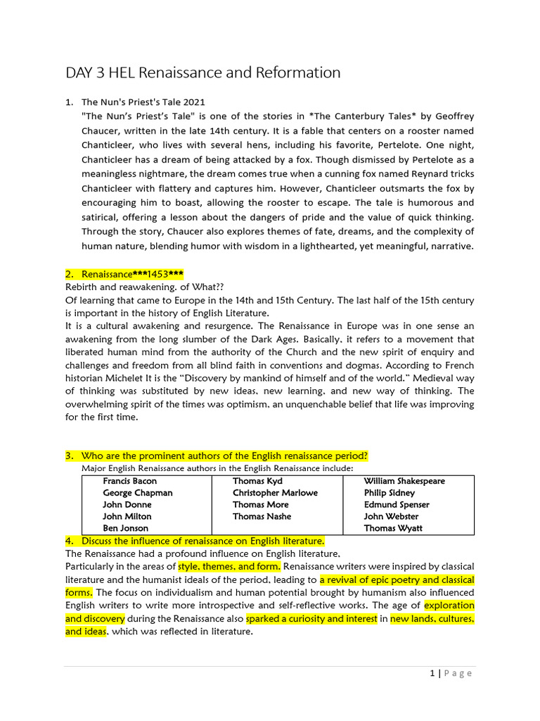 DAY 3 HEL Renaissance and Reformation | PDF
