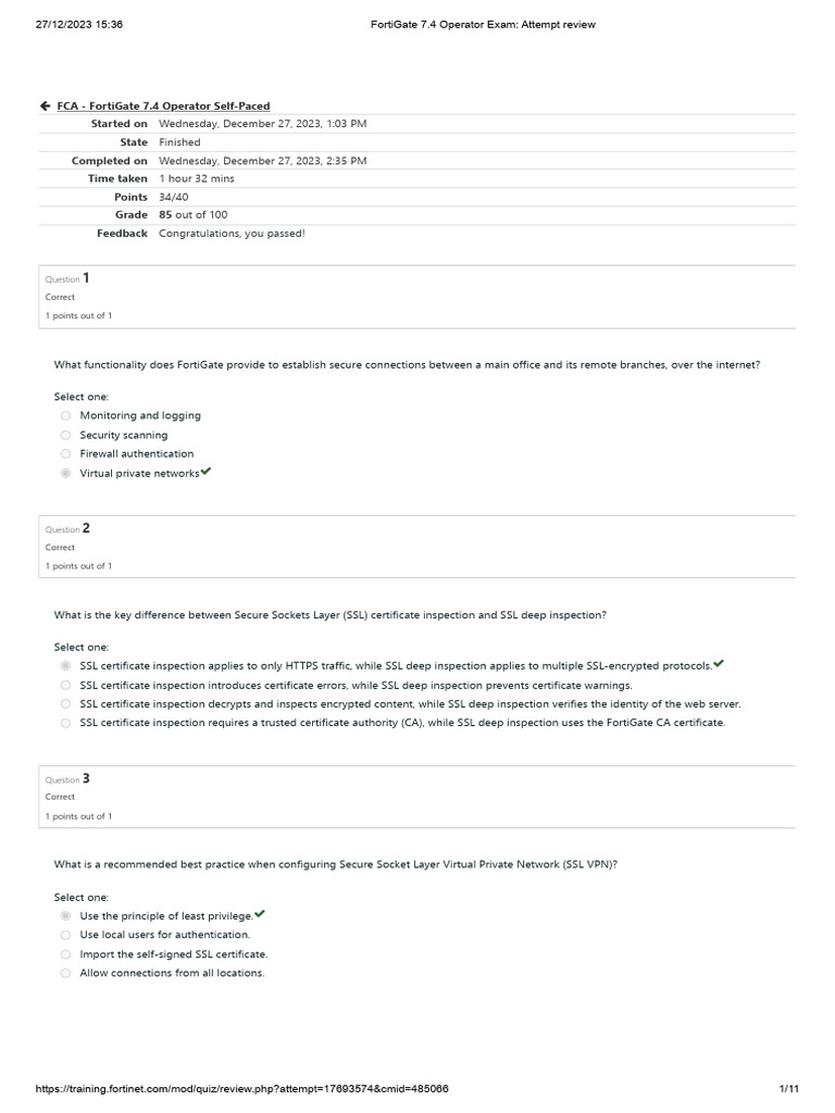 FortiGate 7.4 Operator Exam_ Attempt review | PDF