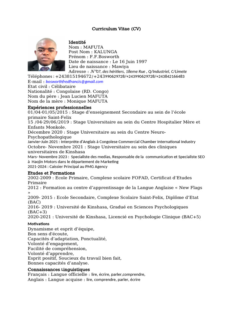 Cv Mafuta Kalunga Fred Francis Bosworth | PDF