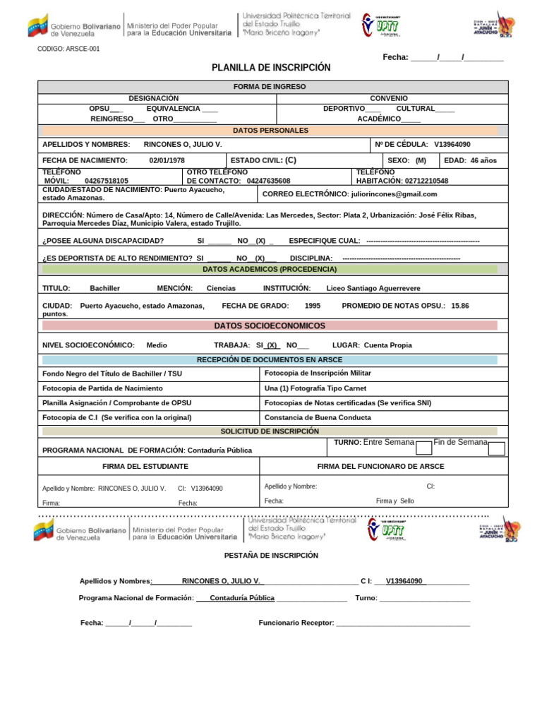 planilla de inscripcion | PDF