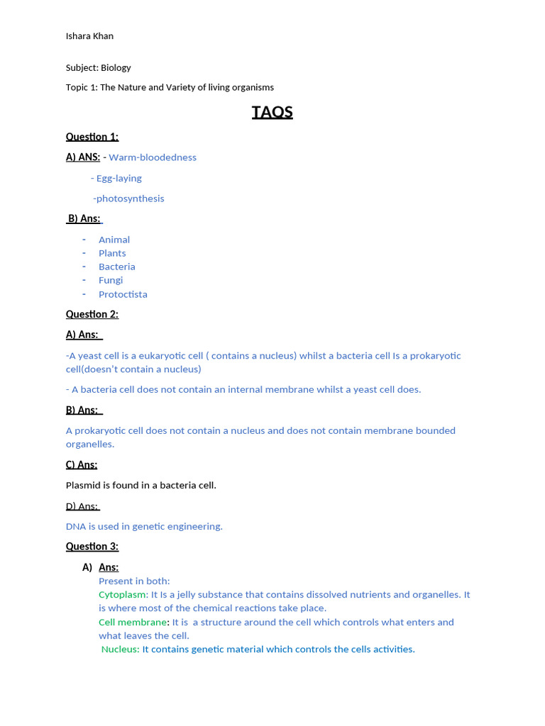 Biology Topic 1 TAQs | PDF