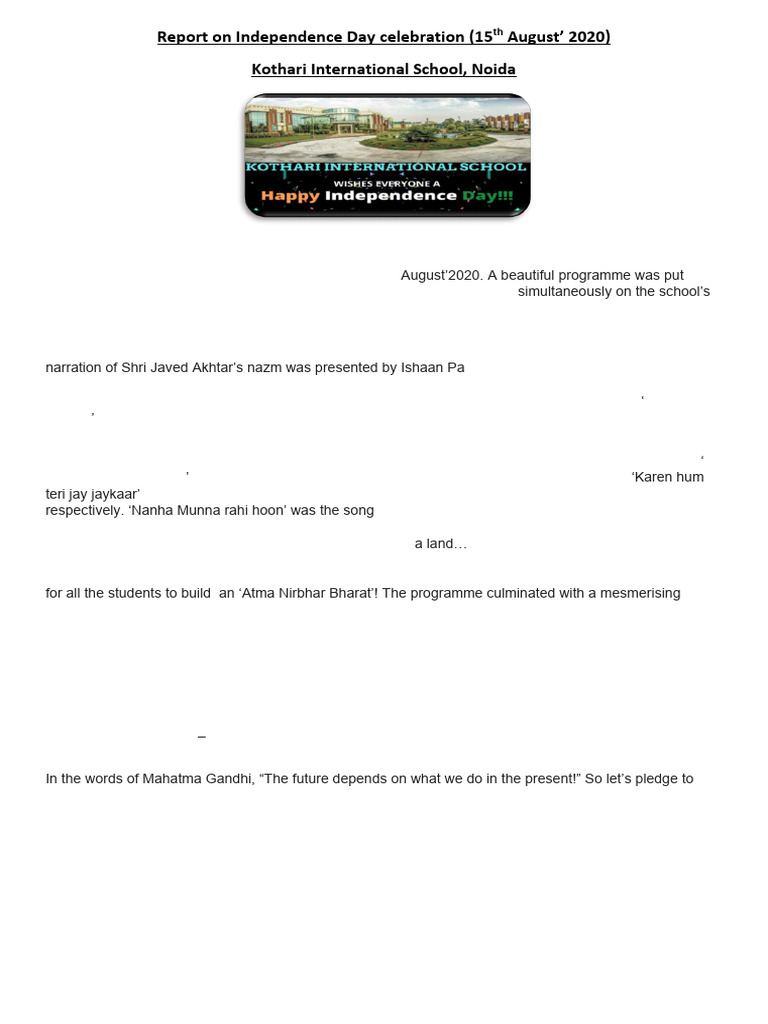 Report On Independence Day Celebration of Kothari International School ...