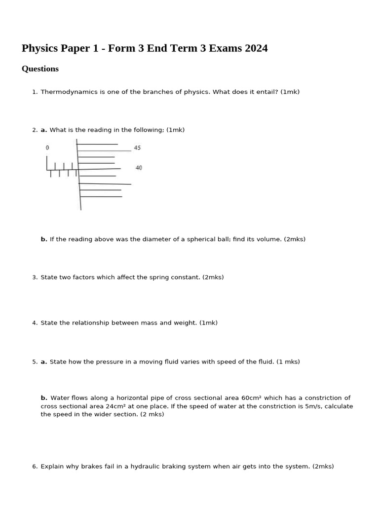 Physics Paper 1 - Form 3 End Term 2 Exams 2024 Set 1-1770-1 | PDF ...