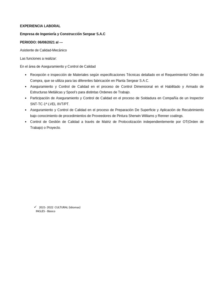 Experiencia Laboral | PDF