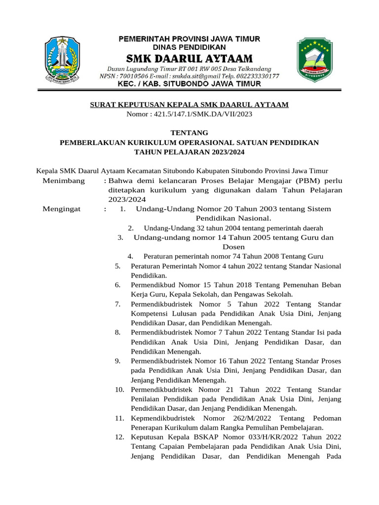 SK Pemberlakuan Kurikulum | PDF