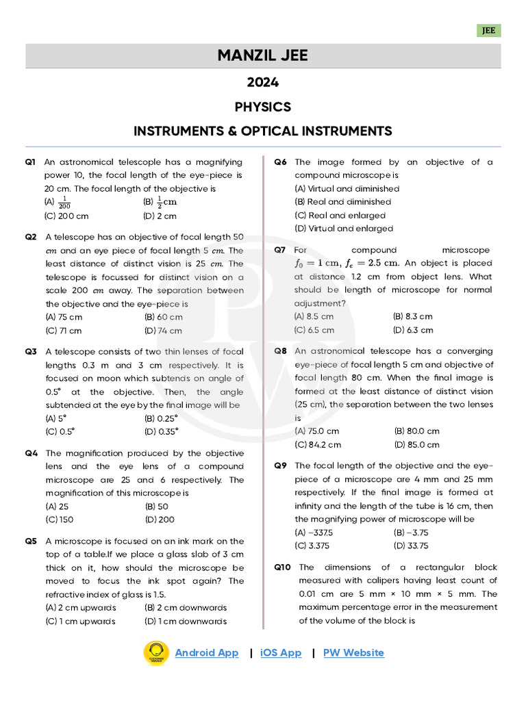 Instruments & Optical Instrument Practice Sheet | PDF
