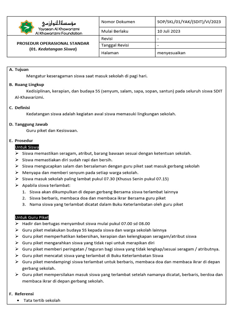 SOP Kedatangan Siswa | PDF