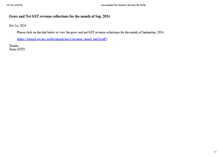 Gross and Net GST Revenue Collections For The Month of Sep, 2024 | PDF