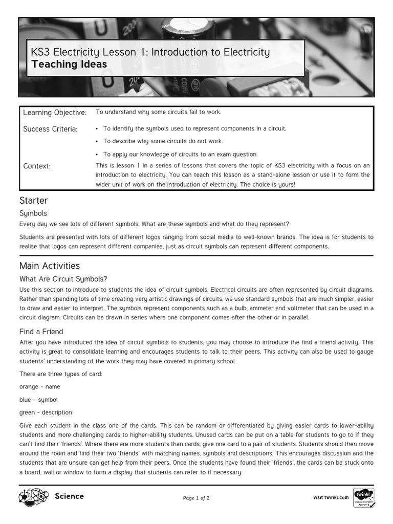 Introduction To Electricity Teaching Ideas | PDF