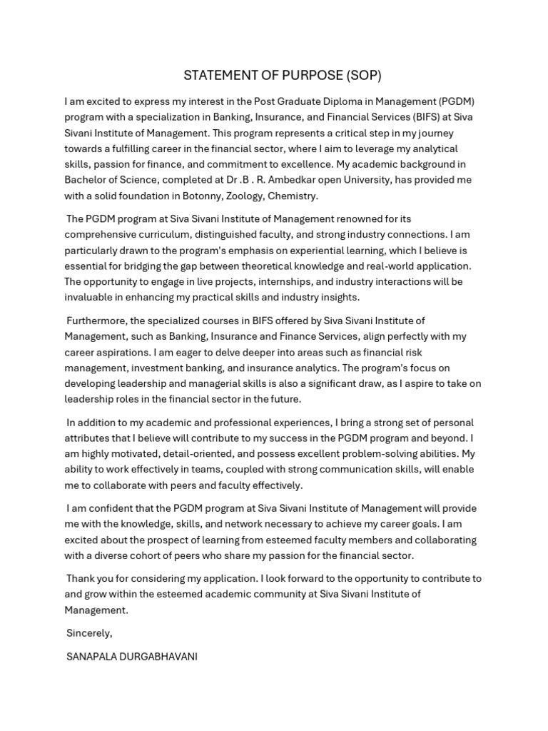 Statement of Purpose (Sop) | PDF