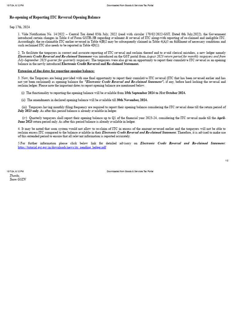 Re Opening Of Reporting Itc Reversal Opening Balance Pdf