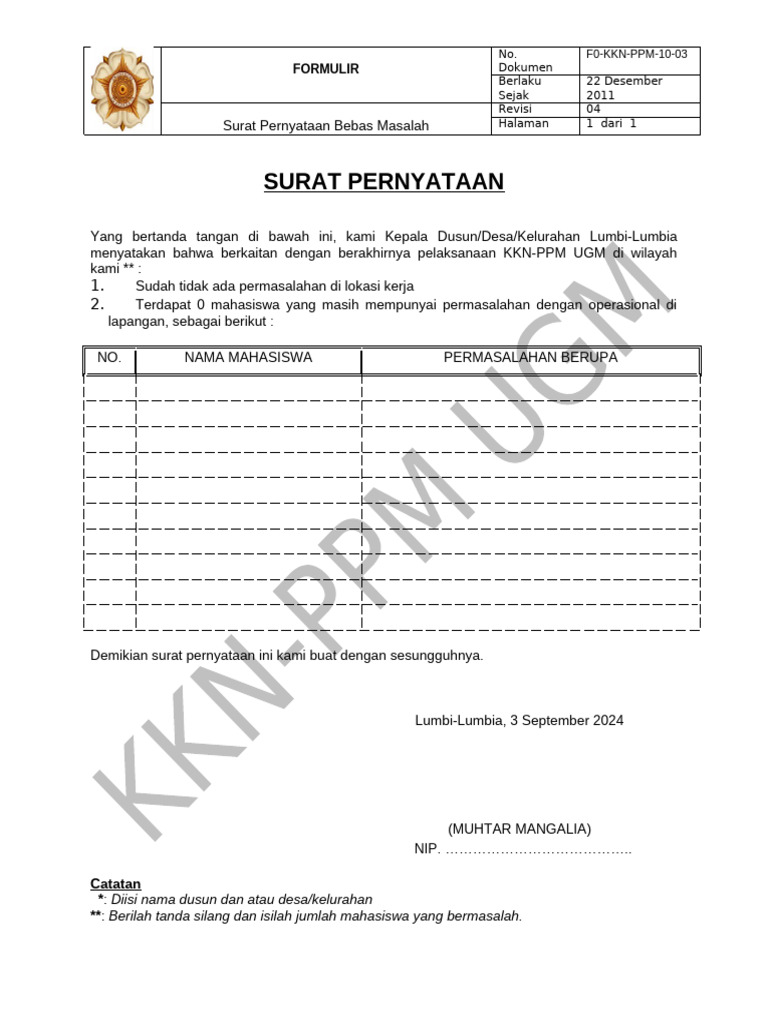 Surat Pernyataan Bebas Masalah KKN-PPM Unit-2024 | PDF