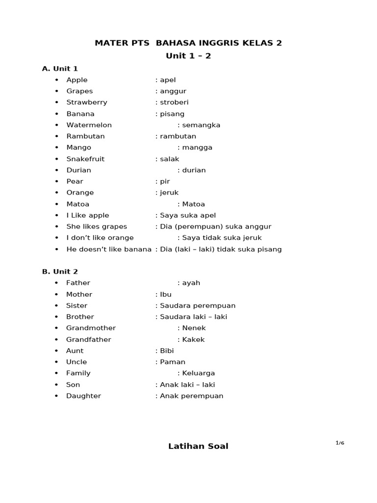 Materi PTS Bahasa Inggris Kelas 2 | PDF