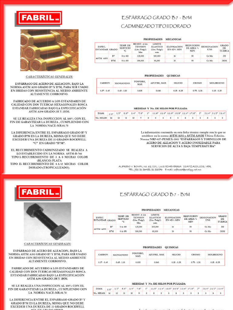 Catalogo Esparragos B7, B7M. B8, B16, B8M | PDF