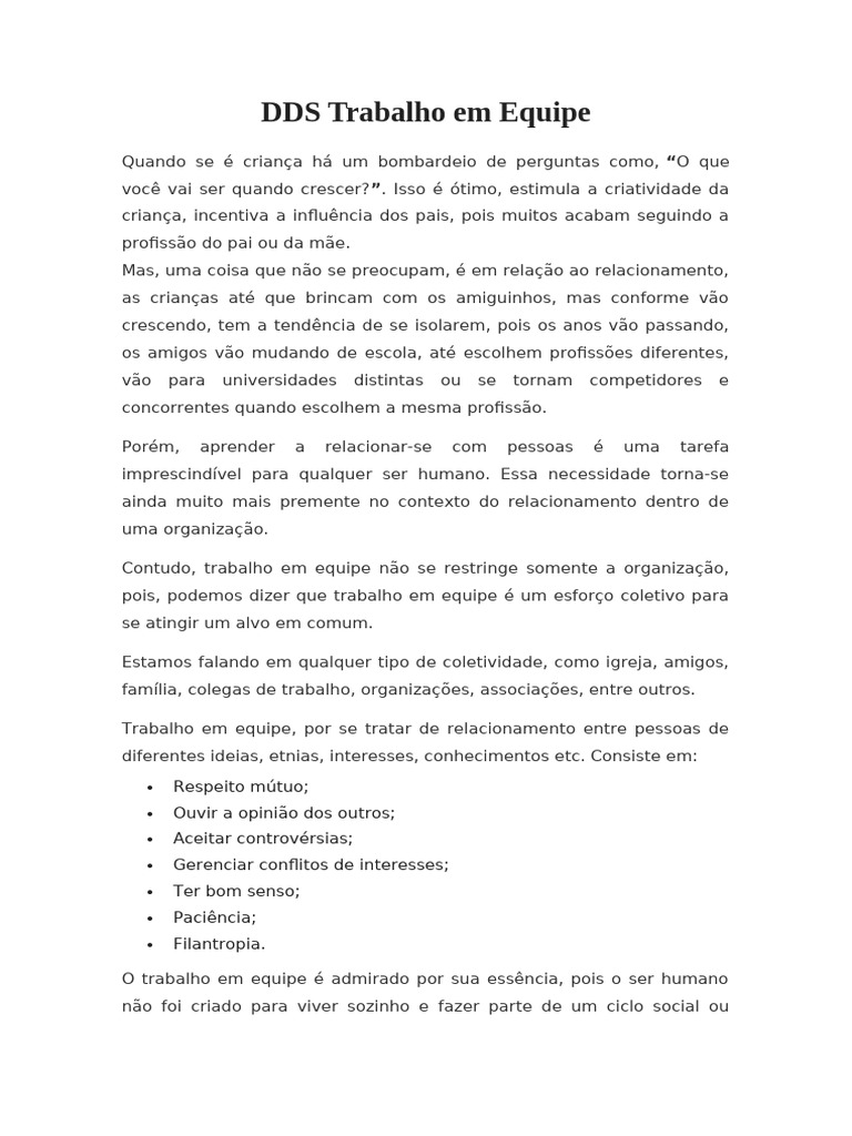 DDS Trabalho em Equipe | PDF