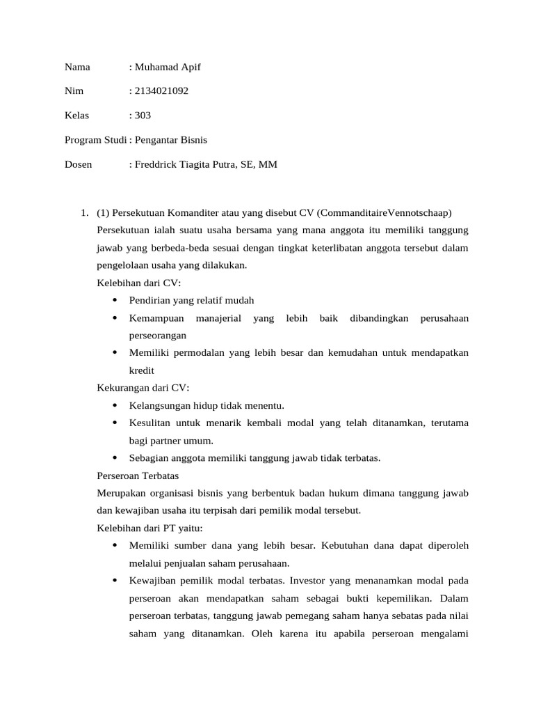 UTS Pengantar Bisnis - Muhamad Apif - 2134021092 | PDF