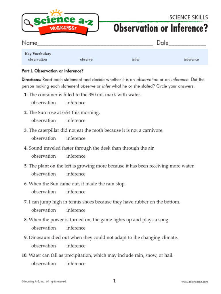 9-5-14 Observations and Inferences HW Sheet | PDF
