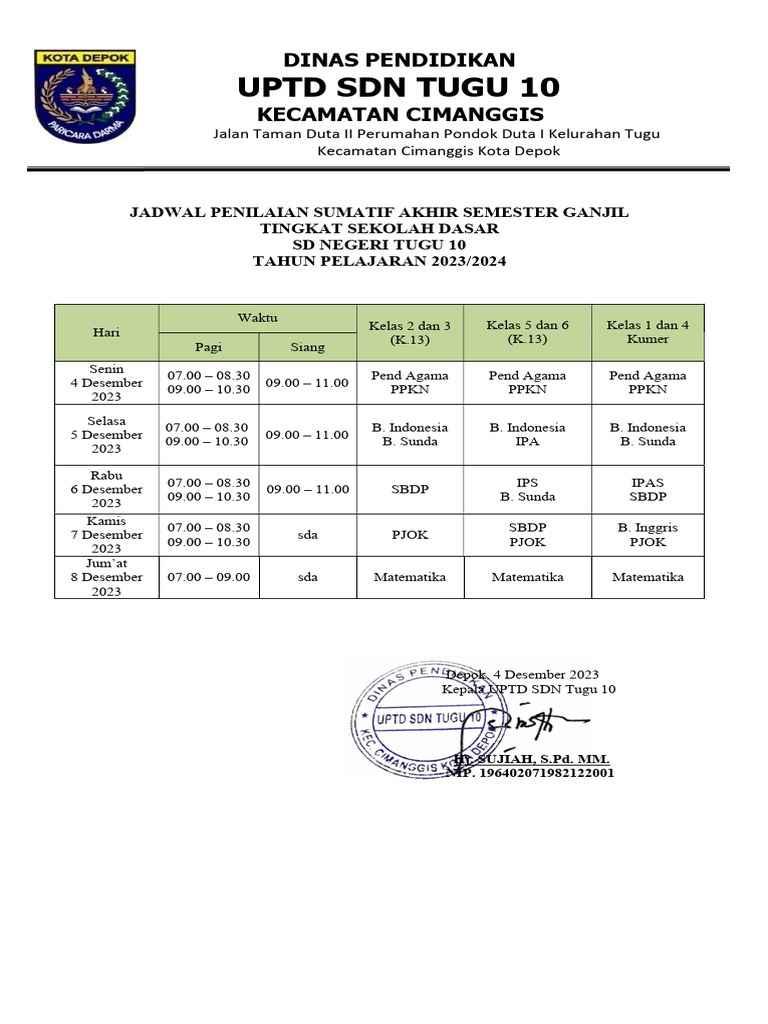 JADWAL PAS GANJIL 2023-2024 | PDF