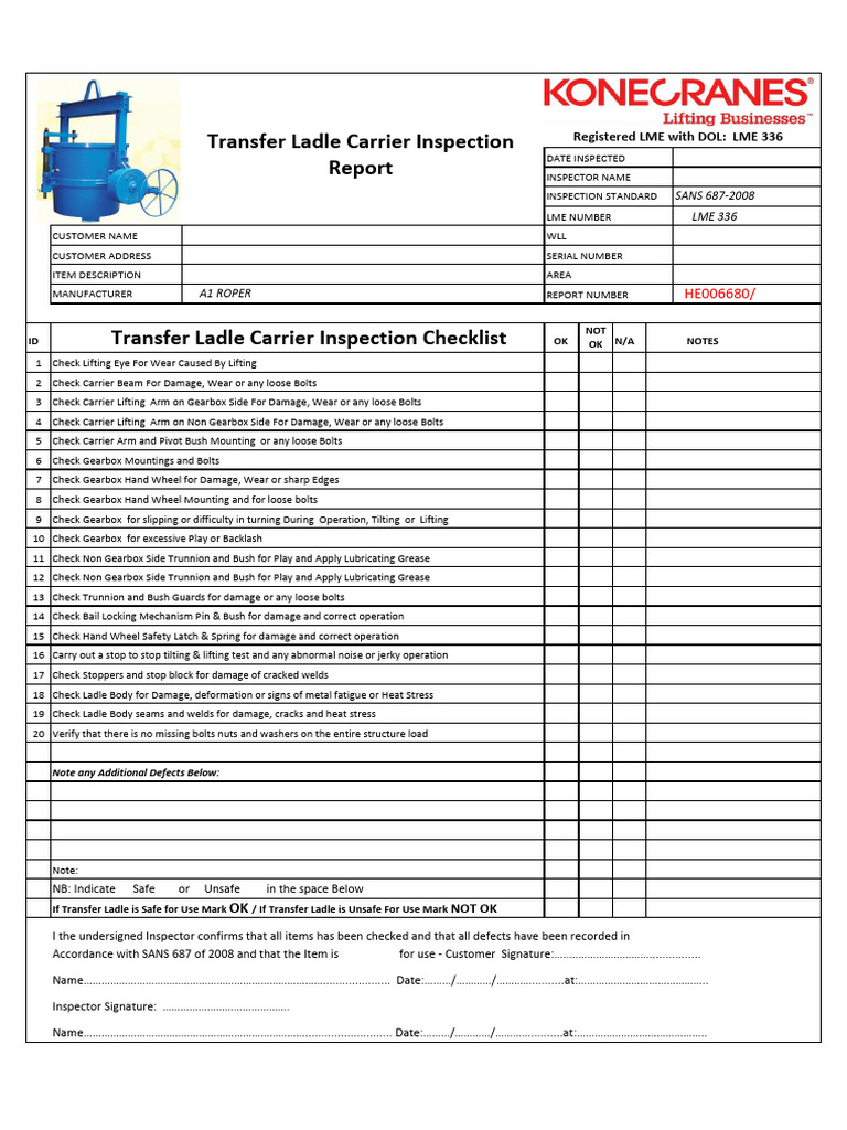 Transfer Ladle Carrier Inspection Report | PDF